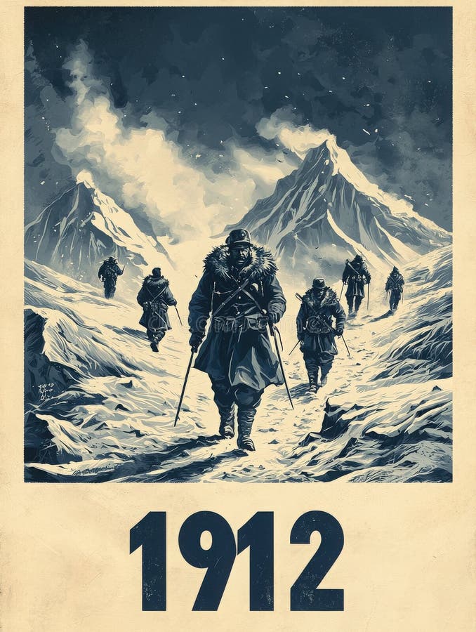 Explorers Trek through Snow-covered Mountains during the Year of 1912 ...