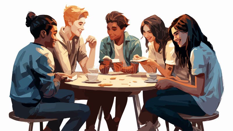 Group of Six Friends Engaged in Lively Discussion Stock Illustration ...