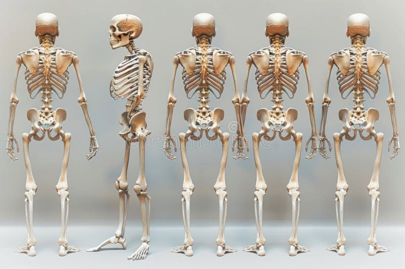 Multiple Human Skeletons of Various Sizes Standing in a Row on a Light ...