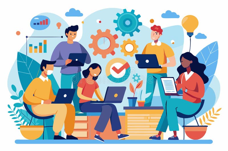 A Group of Six Individuals Works Together Using Laptops, Engaged in ...