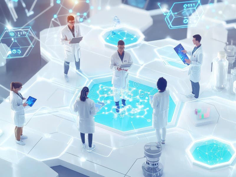A Group of Six Lab-coated Scientists Examining Data on Illuminated ...