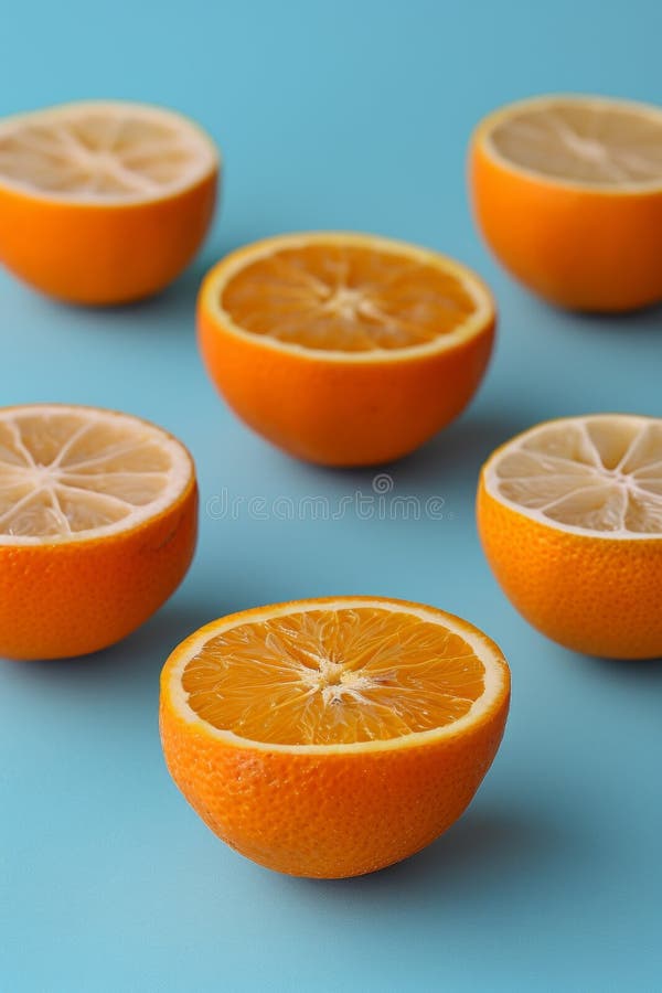 A Group of Six Oranges are Cut into Halves on a Blue Background, AI ...