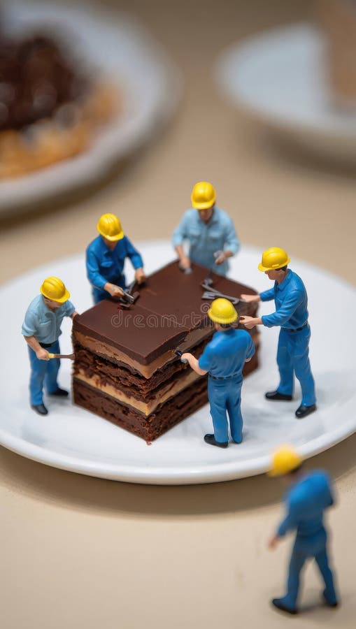 Tiny Workers Building a Charming Chocolate Cake Masterpiece at Dessert Stock Image - Image of ...