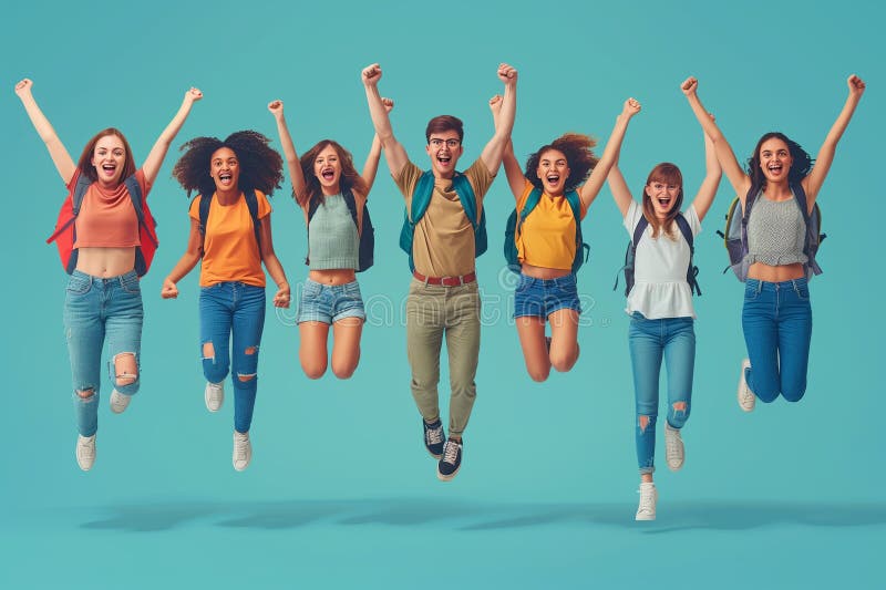Happy Diverse Group of Students Jumping with Arms Raised in Celebration ...