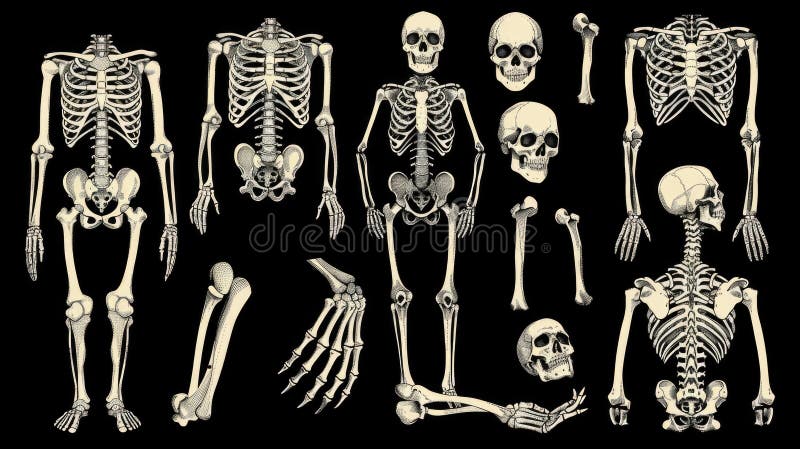 A Group of Skeletons in Various Poses Sit on a Black Background ...