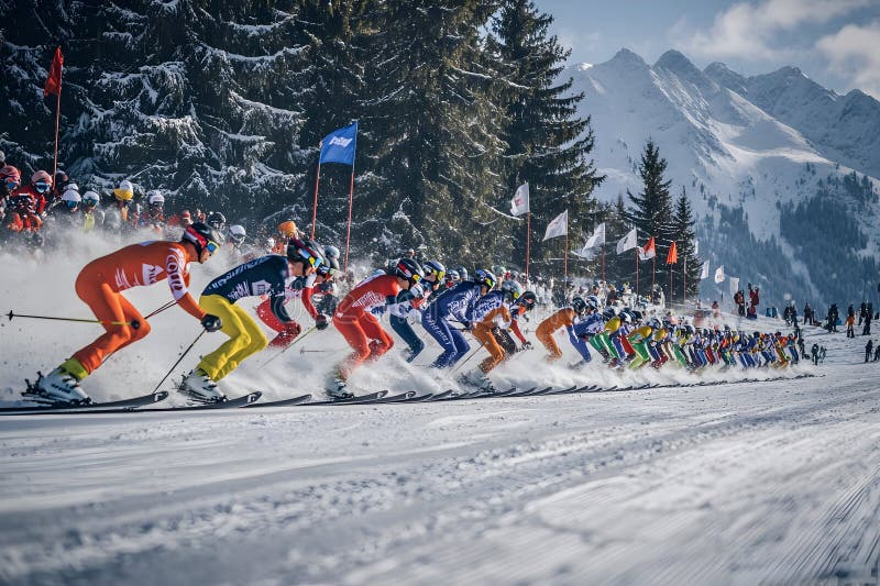 Group of Skiers Racing Down Snowy Mountain Slope in Competition Stock ...