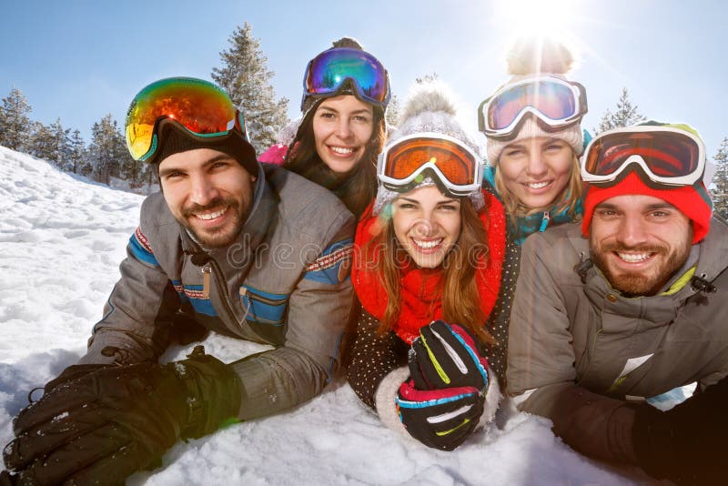 Group of Young Skiers Together on Winter Stock Photo - Image of ...