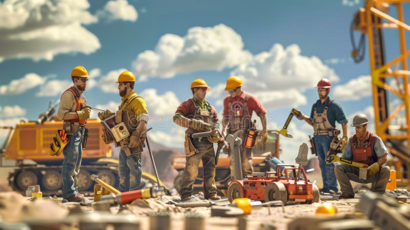 A Group of Skilled Workers Collaborates at a Construction Site ...