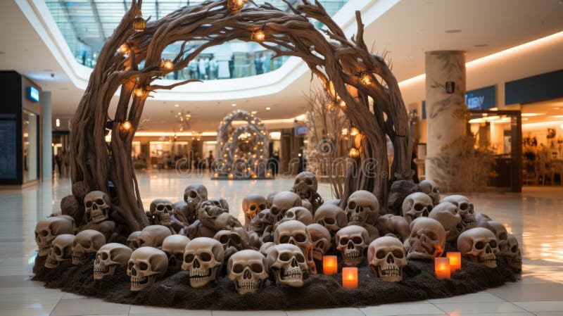 A Group of Skulls and a Tree Arch in a Mall Stock Illustration ...
