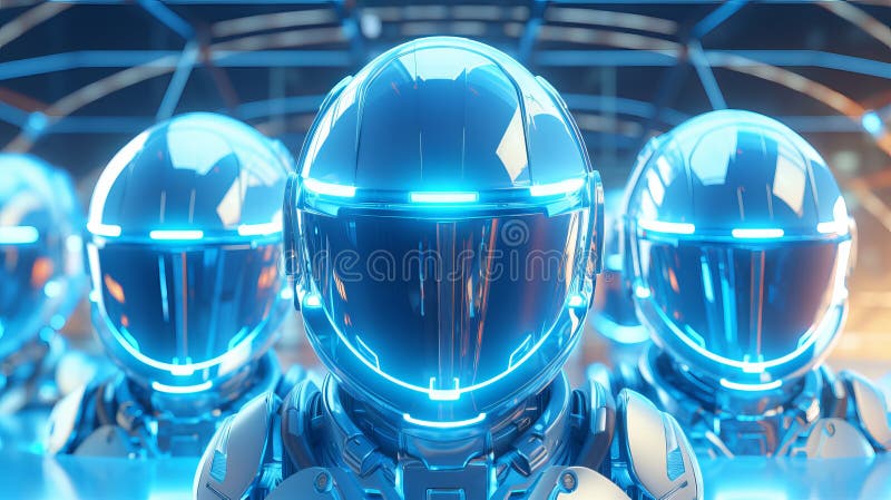 Robotic Figures in Futuristic Helmets within a High-tech Environment ...