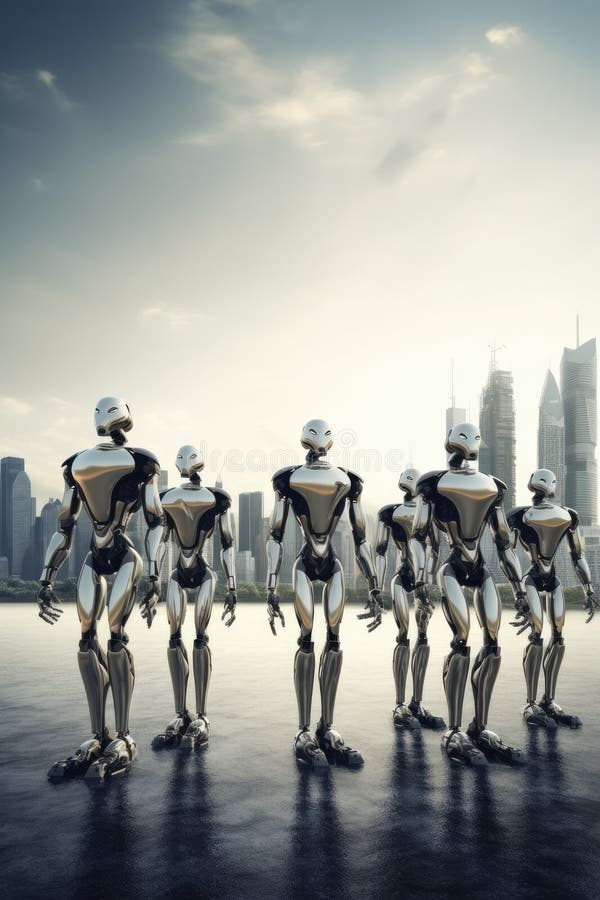Sophisticated Robots Stand are Arranged in a Row, Backdrop of a ...