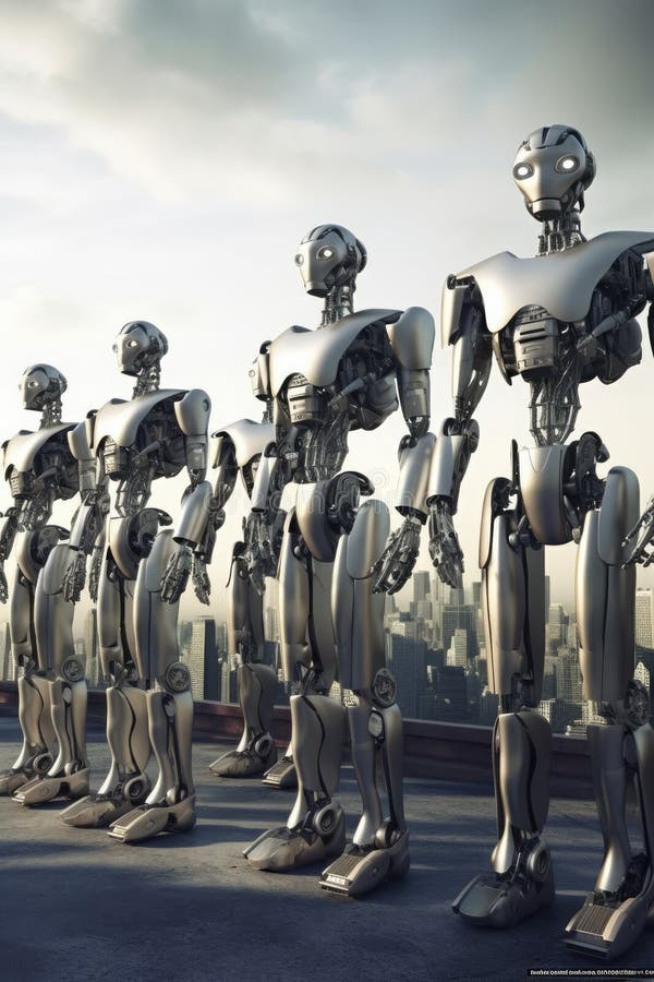 Sophisticated Robots Stand are Arranged in a Row, Backdrop of a ...