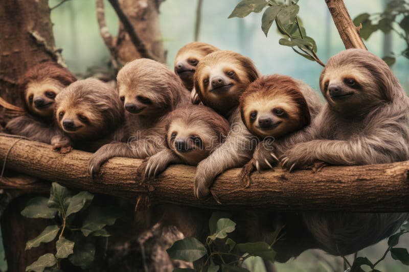 Group of Sloths Hanging from Tree Branch Stock Illustration ...