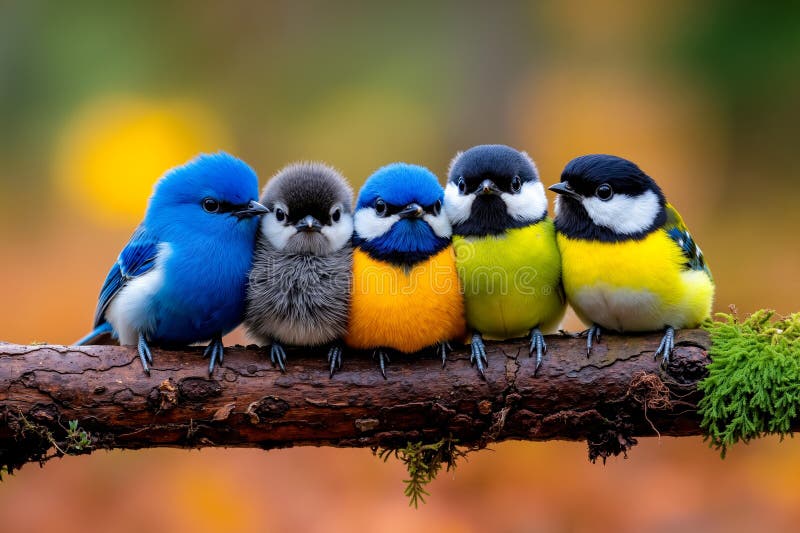 A Group of Small Birds Sitting on a Branch Stock Image - Image of ...