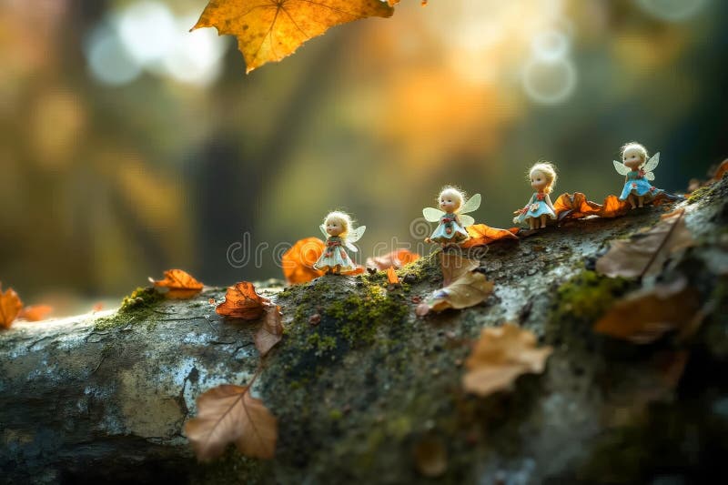 A Group of Small Dolls Sitting on Top of a Tree Branch Stock Image ...