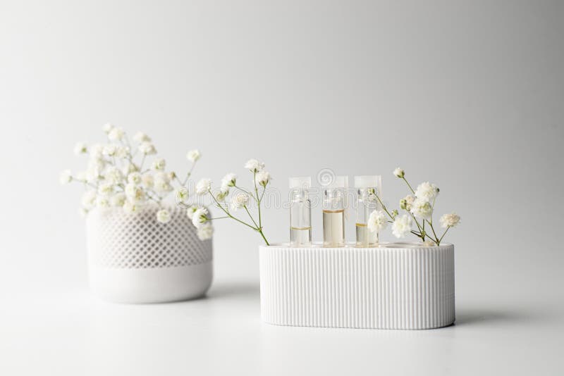 Group of Small Glass Bottles. Perfume Testers or Chemical Samples. Side ...