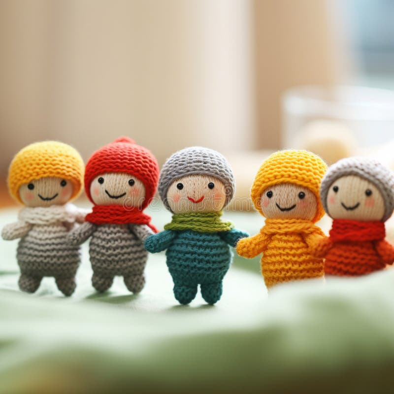 A Group of Small Knitted Dolls are Standing in a Row, AI Stock Photo ...