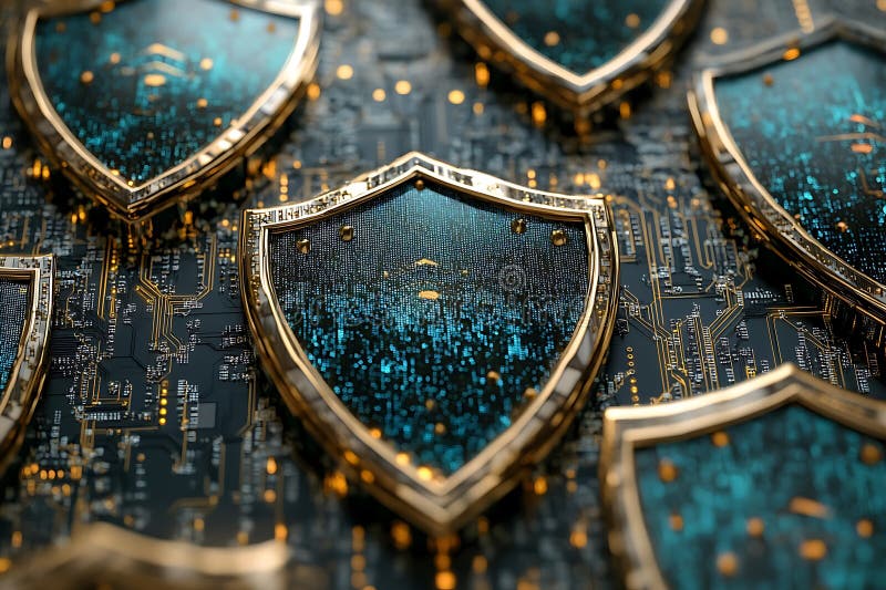 A Group of Small Metallic Shield Shapes with Blue Digital Patterns ...