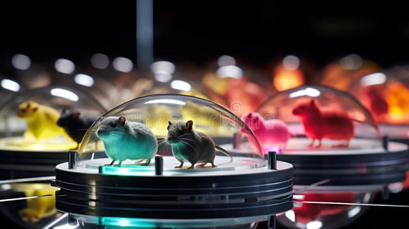 A Group of Small Mice in Glass Domes on a Table, AI Stock Illustration ...