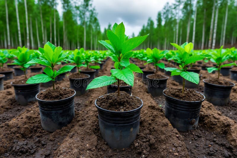 A Group of Small Plants in Black Pots in a Field Stock Image - Image of ...