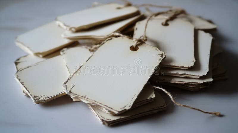 A Group of Small Rectangular Tags Scattered Across a White Surface is ...