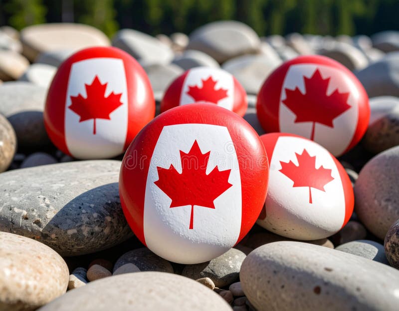 A Group of Small, Red and White Painted Rocks with Maple Leaf Designs ...