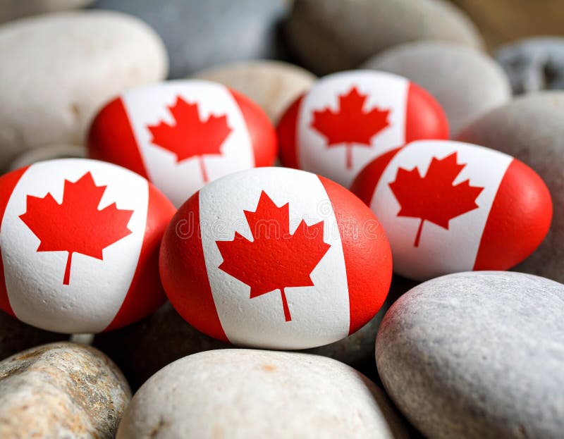 A Group of Small, Red and White Painted Rocks with Maple Leaf Designs ...