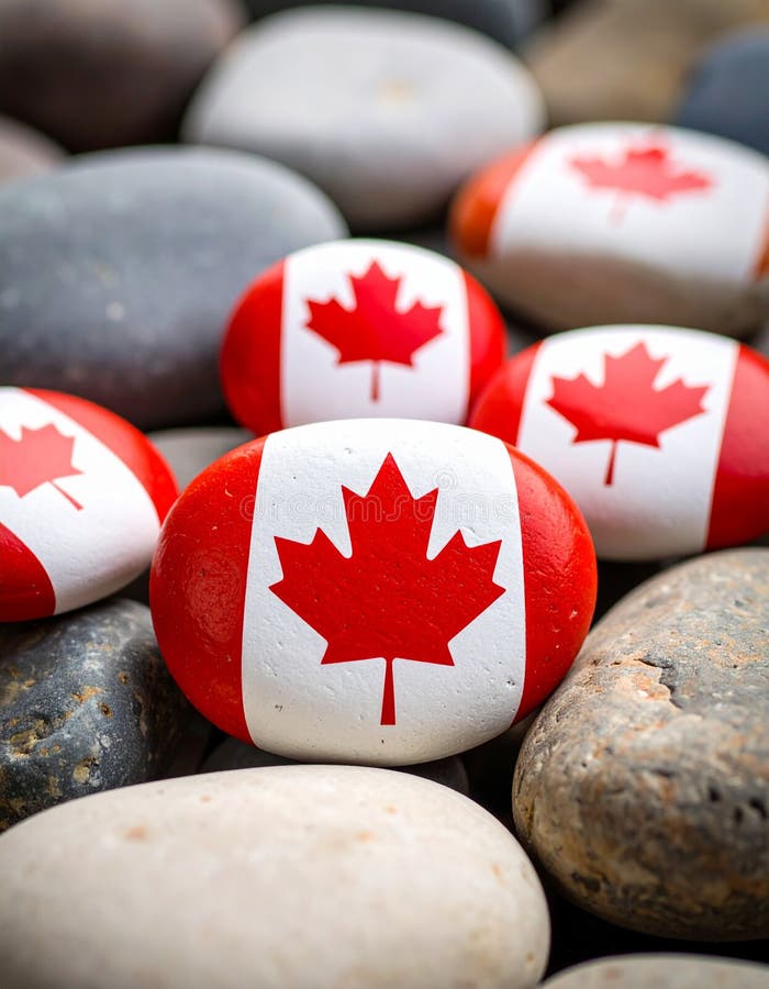 A Group of Small, Red and White Painted Rocks with Maple Leaf Designs ...