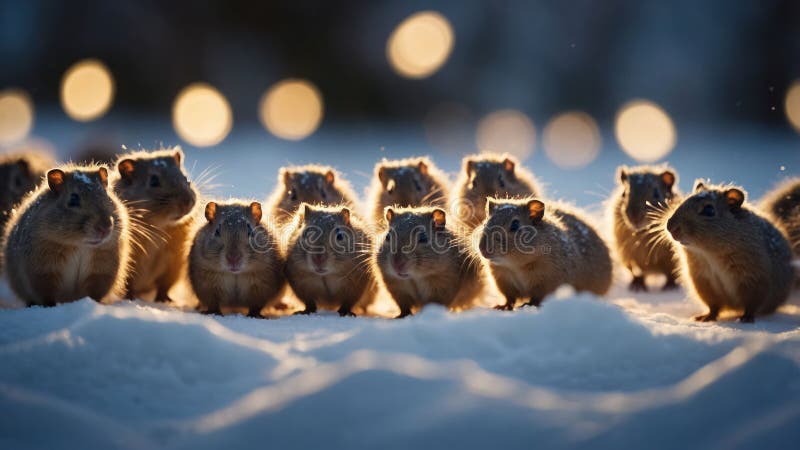 A Group of Cute Degus in the Snow at Sunset Stock Illustration ...