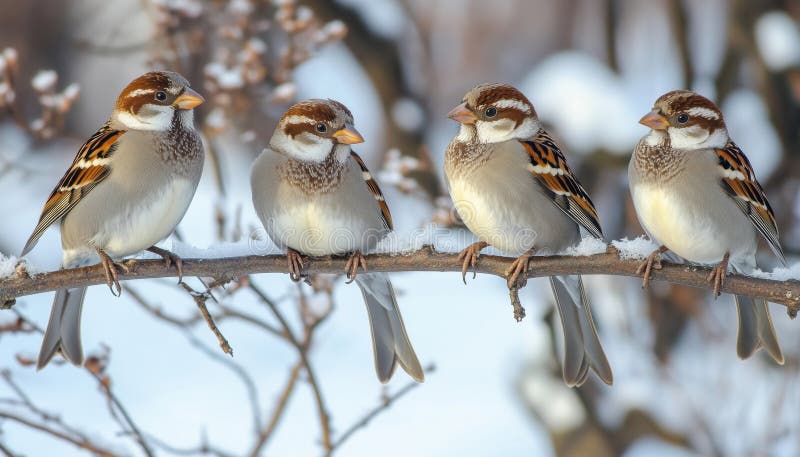 Group of Small Sparrows in Various Poses Sitting on a Branch in a ...