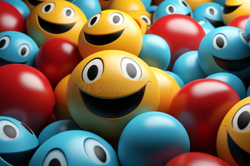 A Group of Smiley Faces Surrounded by Red and Blue Balls Stock ...