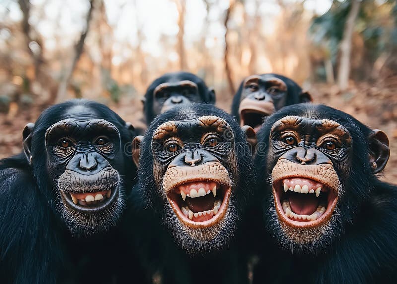 Smiling Group of Chimpanzees Displaying Expressive Joy in a Dense ...