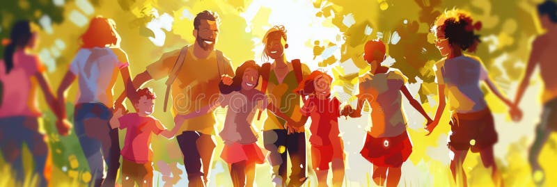 A Group of Smiling, Diverse People Gathers in a Park, Holding Hands ...