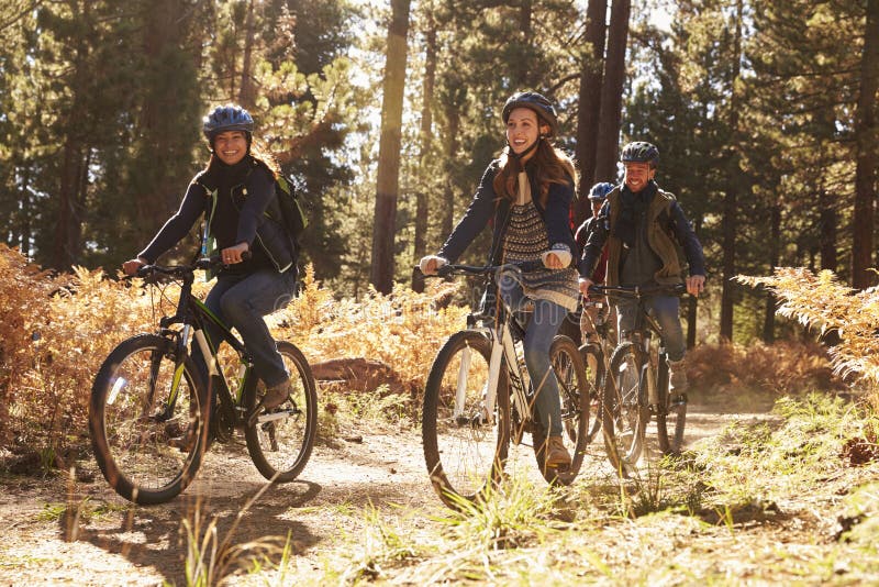 Group of Smiling Friends Riding Bikes in a Forest, Side View Stock ...
