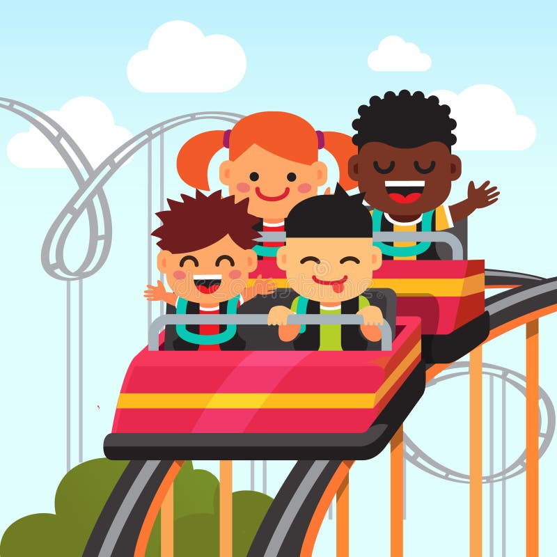 Group of Smiling Kids Riding Roller Coaster Stock Vector - Illustration ...