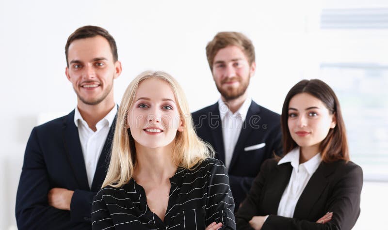 Group of Smiling People Stand in Office Stock Photo - Image of ...