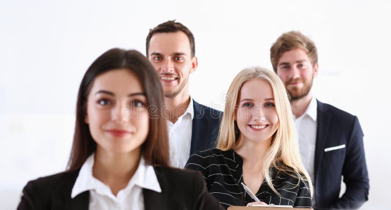 Group of Smiling People Stand in Office Stock Photo - Image of ...