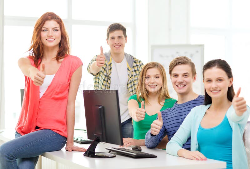 Group of Smiling Students Showing Thumbs Up Stock Photo - Image of ...
