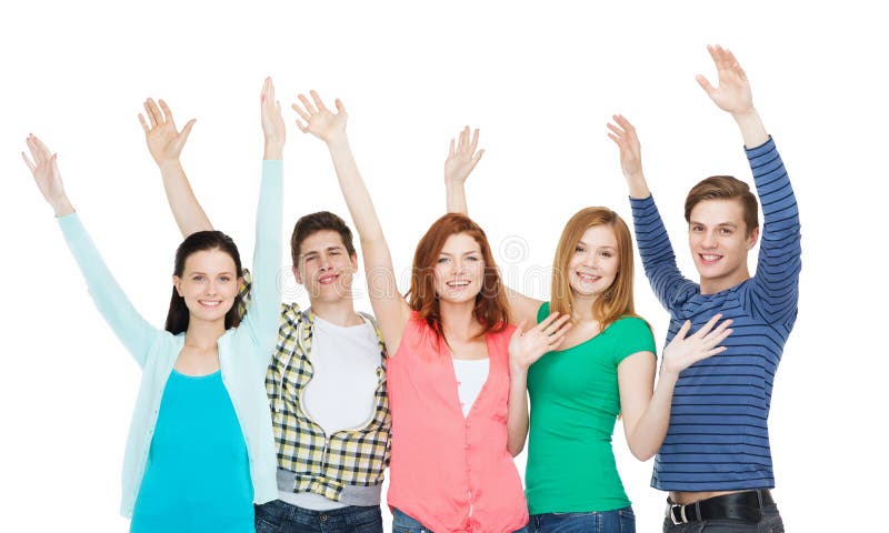 Group of Smiling Students Waving Hands Stock Image - Image of cheerful ...