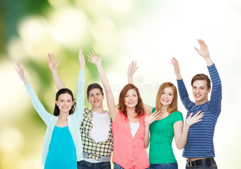 Group of Smiling Students Waving Hands Stock Image - Image of lovely ...