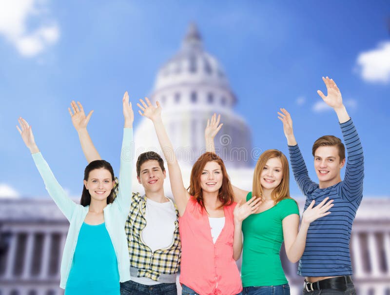 Group of Smiling Students Waving Hands Stock Image - Image of congress ...
