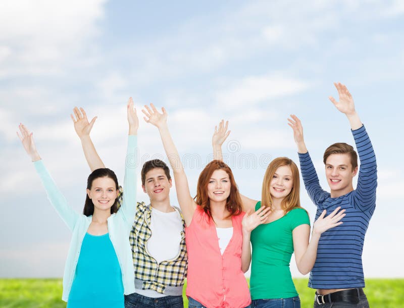 Group of Smiling Students Waving Hands Stock Photo - Image of cheerful ...