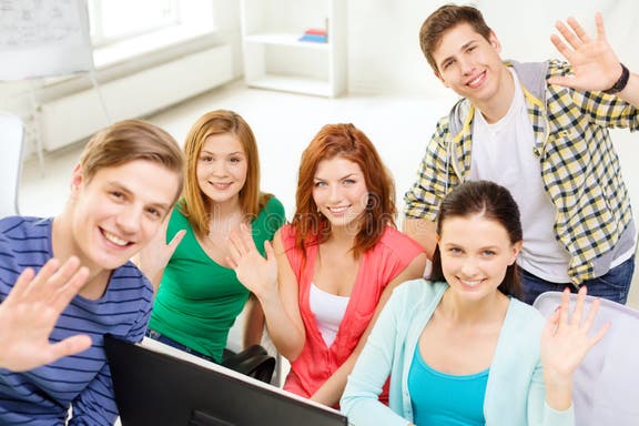 Group of Smiling Students Waving Hands at School Stock Image - Image of ...