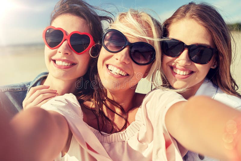 Group Of Smiling Women Taking Selfie On Beach Stock Image Image Of