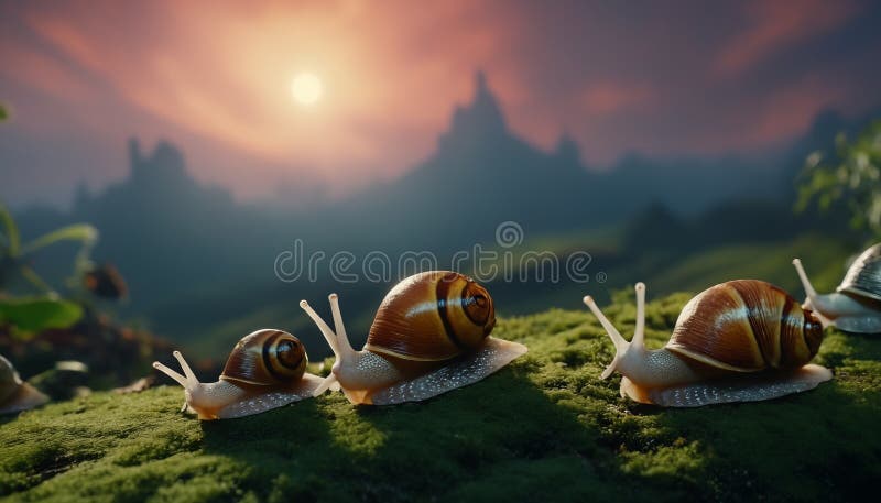 Snails Crawling on Moss at Sunset Stock Image - Image of slippery ...