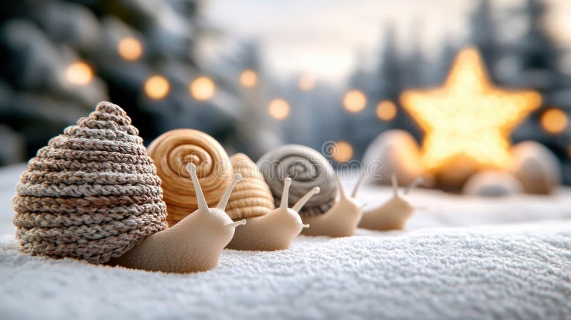 Snails with Unique Shells Crawl on Snow, with a Glowing Star in the ...