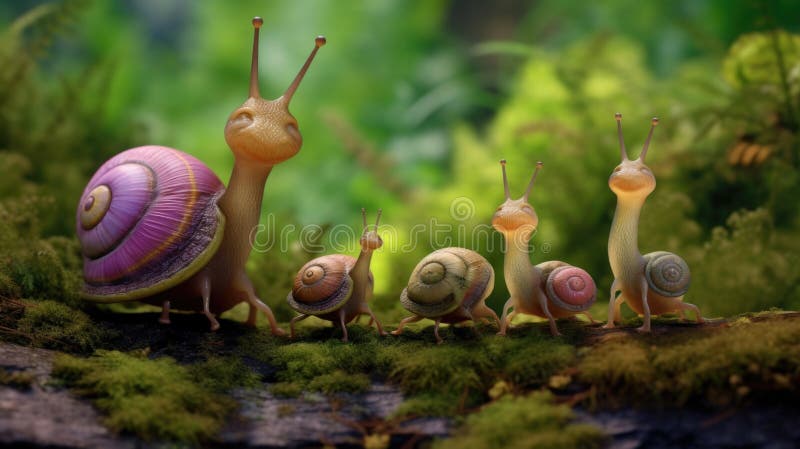 A Group of Snails Sitting on Top of a Moss Covered Ground Stock Photo ...