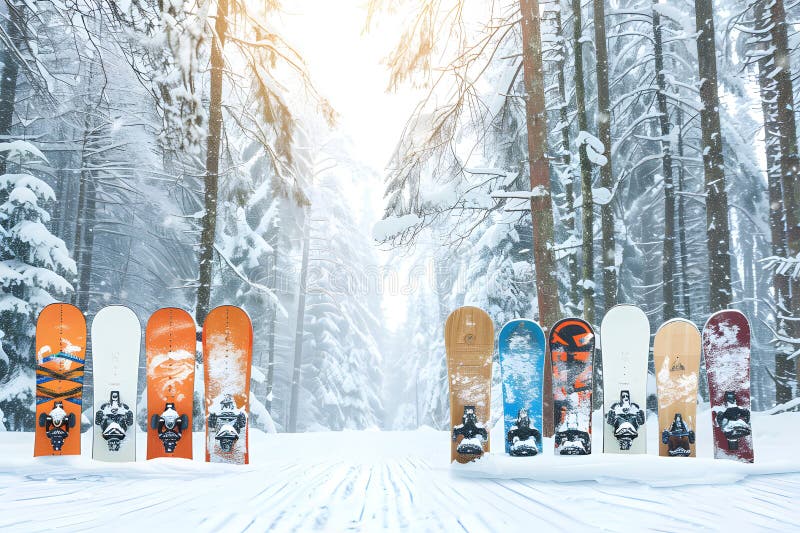 Group of Snowboards with Different Designs in a Raw with Snow Forest ...