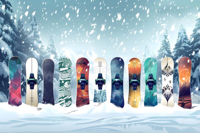 Group of Snowboards with Different Designs in a Raw with Snow Forest ...