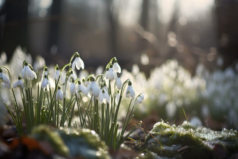 A Group of Snowdrops Growing in a Field of Snowdrops in the Sun with ...